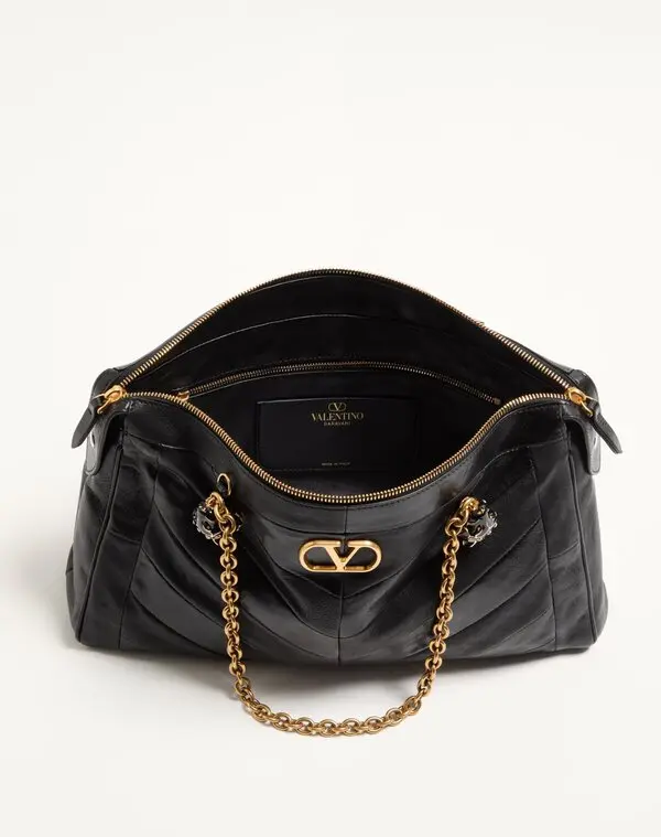 Valentino Garavani Panthea Chevron Patterned Zip-up Shoulder Bag - Black