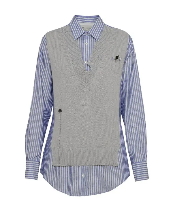 MAISON MARGIELA V-neck Distressed Knit Spliced Shirt