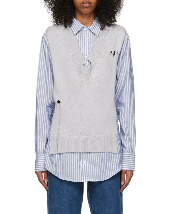 MAISON MARGIELA V-neck Distressed Knit Spliced Shirt