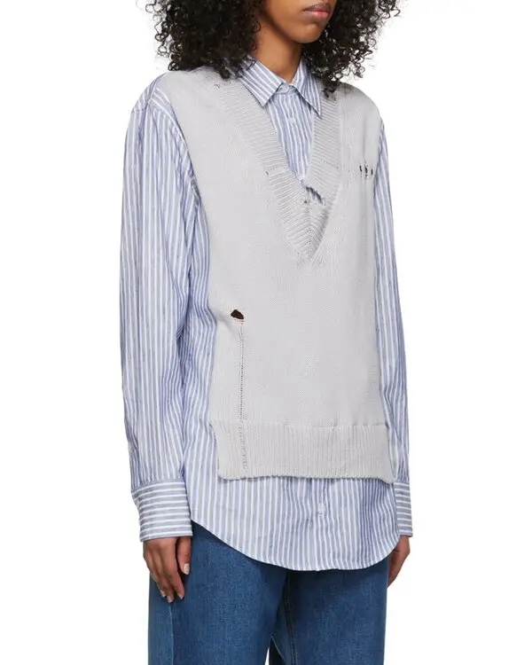 MAISON MARGIELA V-neck Distressed Knit Spliced Shirt