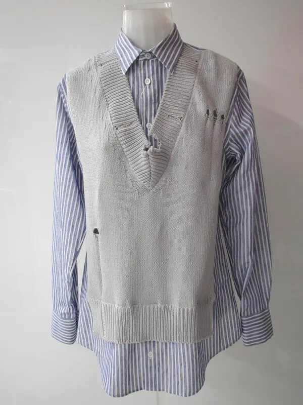 MAISON MARGIELA V-neck Distressed Knit Spliced Shirt