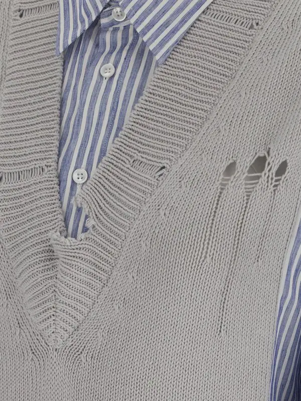 MAISON MARGIELA V-neck Distressed Knit Spliced Shirt