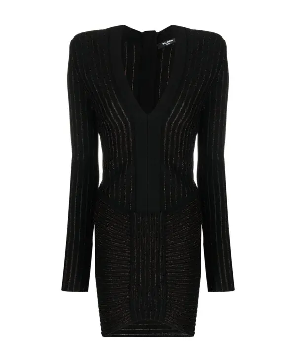 Balmain V-neck Ribbed Knit Mini Dress