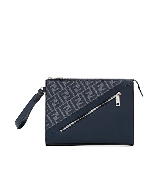 Fendi Ff Jacquard Panelled Zipped Clutch Bag - Blue