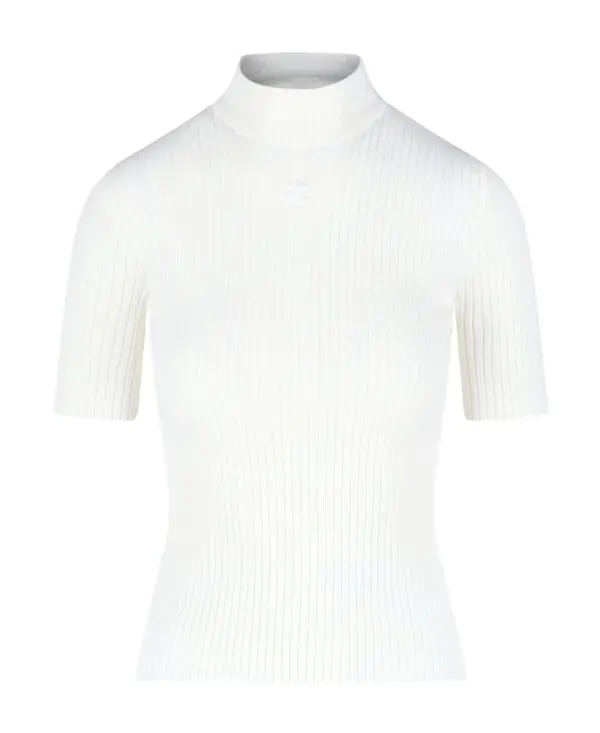 COURREGES Ribbed Funnel Neck Short-sleeved Jumper - White