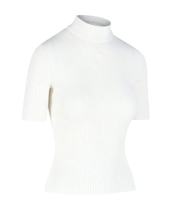 COURREGES Courrèges Ribbed Knit Funnel Neck Short-sleeved Jumper - White