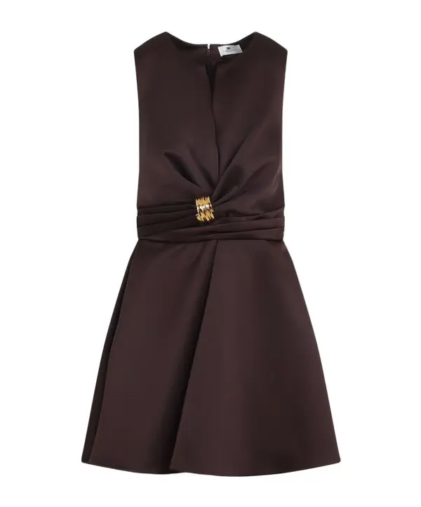 Elisabetta Franchi Duchess Satin Dress With V-neckline And Pleated Details - Cacao