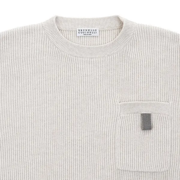Brunello Cucinelli Long Sleeve Ribbed Knit Sweater With Pocket Detail