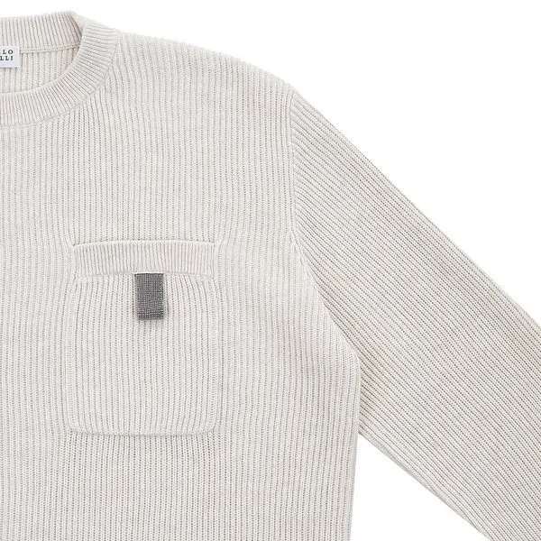 Brunello Cucinelli Long Sleeve Ribbed Knit Sweater With Pocket Detail