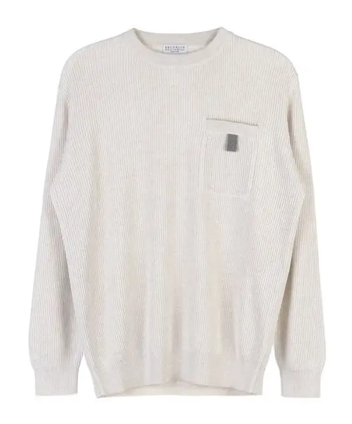 Brunello Cucinelli Long Sleeve Ribbed Knit Sweater With Pocket Detail - Ivory