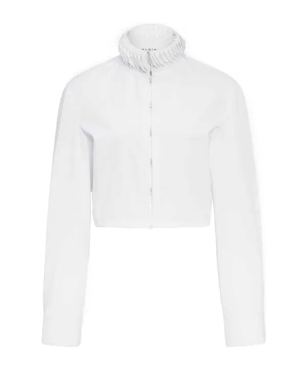 Alaïa Cropped Cotton Poplin Shirt With High Collar - White