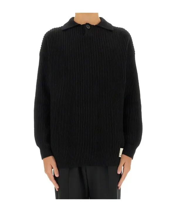 Emporio Armani Fisherman's Knit Long-sleeved Polo Shirt - Black