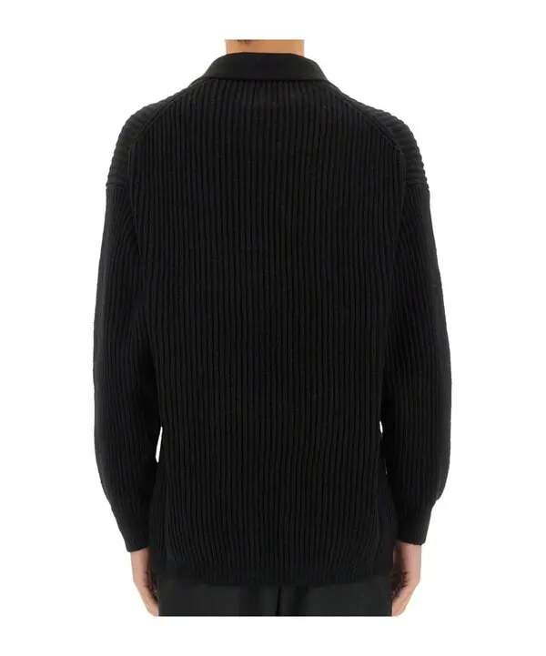 Emporio Armani Fisherman's Knit Long-sleeved Polo Shirt - Black