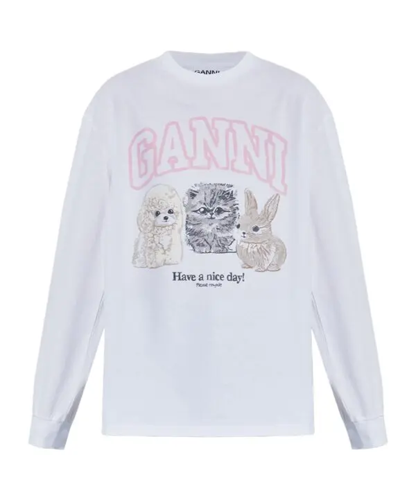 GANNI Graphic Long Sleeve T-shirt - White