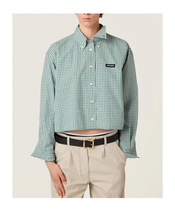 Miu Miu Checked Cropped Poplin Shirt - Gray