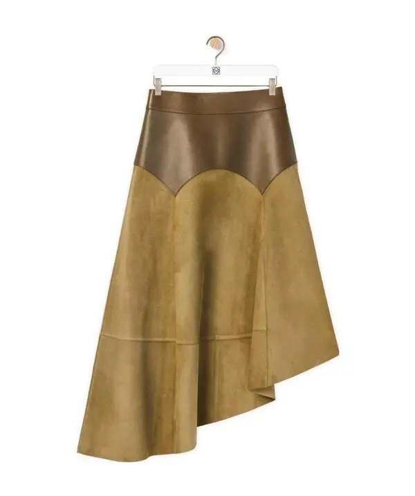 Loewe Asymmetrical Suede And Napa Leather Skirt - Green