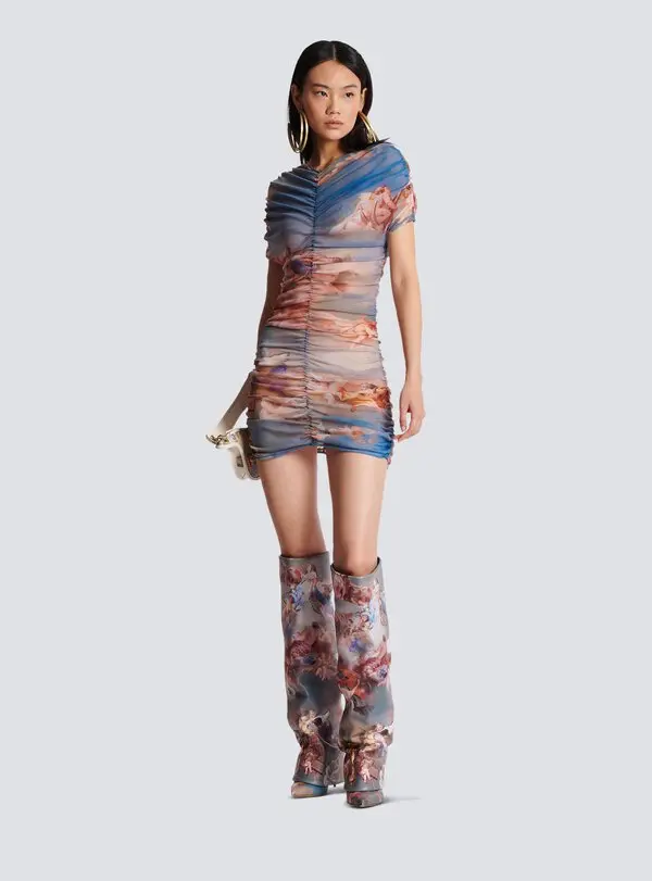 Balmain Sleeveless Printed Ruched Mini Dress