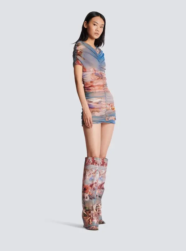 Balmain Sleeveless Printed Ruched Mini Dress