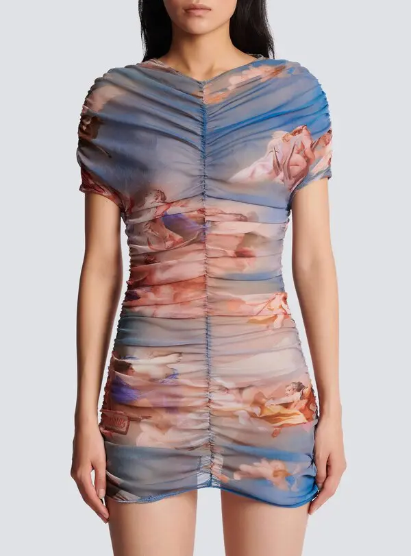 Balmain Sleeveless Printed Ruched Mini Dress