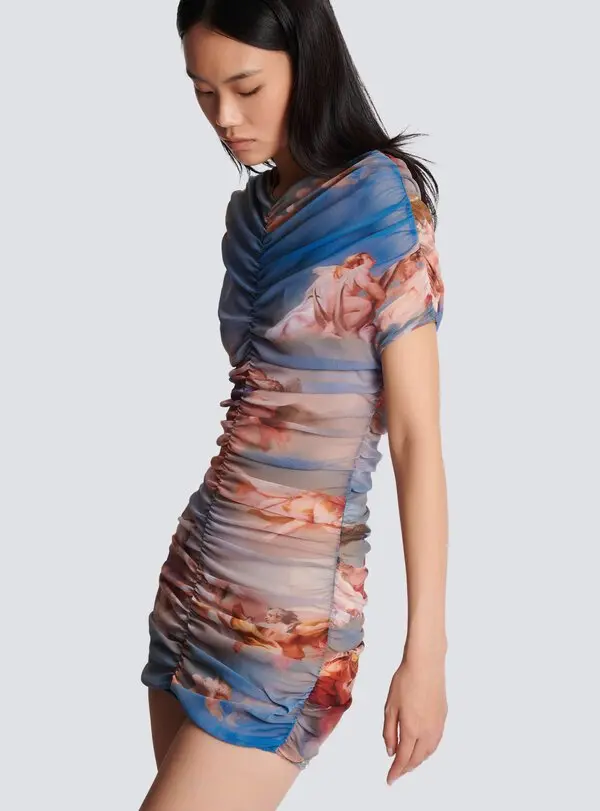 Balmain Sleeveless Printed Ruched Mini Dress