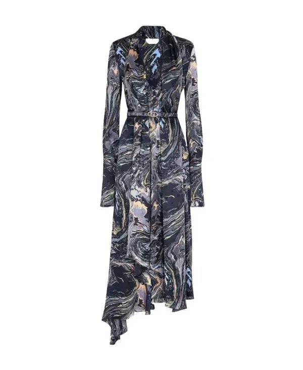 Fendi Marble Print Long Sleeve Midi Dress - Black
