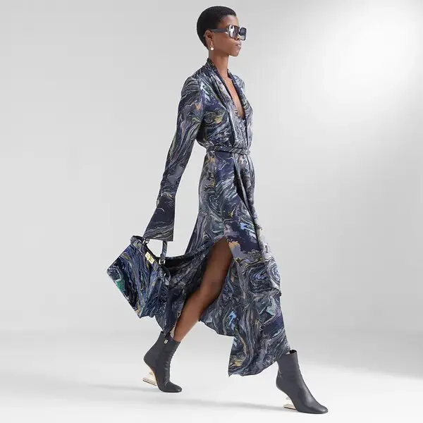 Fendi Marble Print Long Sleeve Midi Dress