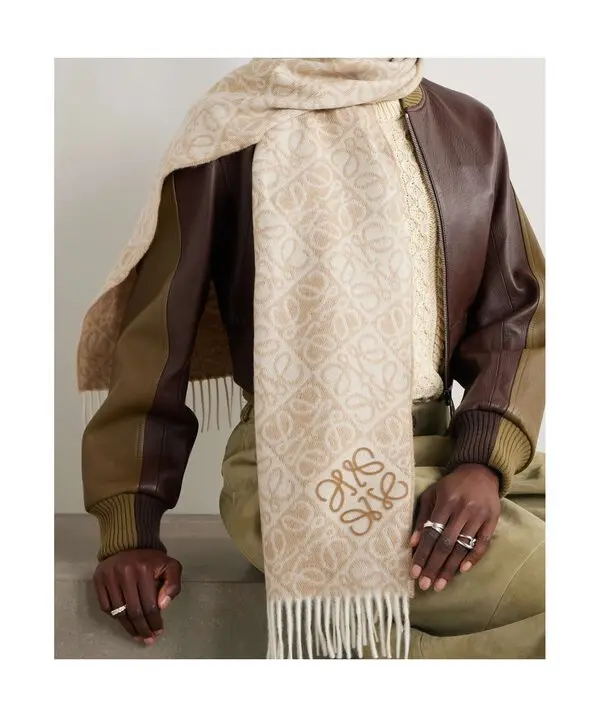 Loewe Monogram Jacquard Fringed Scarf - Beige