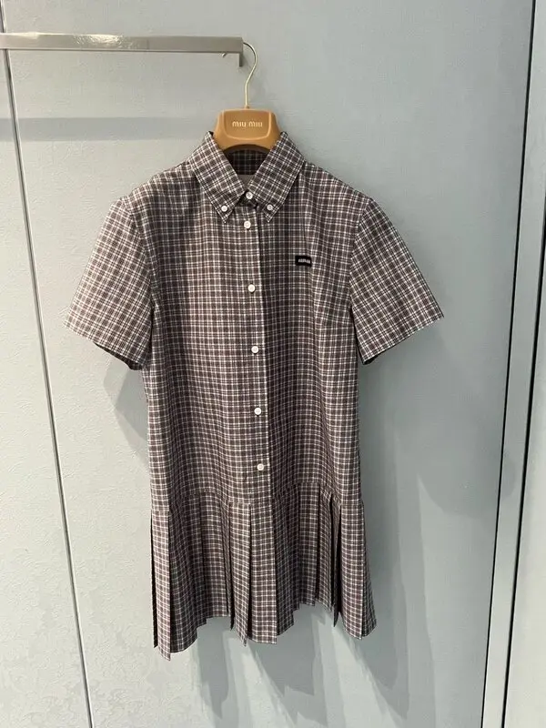 Miu Miu Checked Pleated Shirt Dress