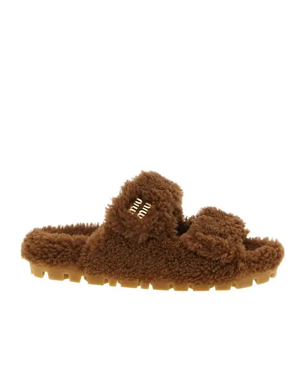 Miu Miu Shearling Sandals With Logo Appliqu - Brown