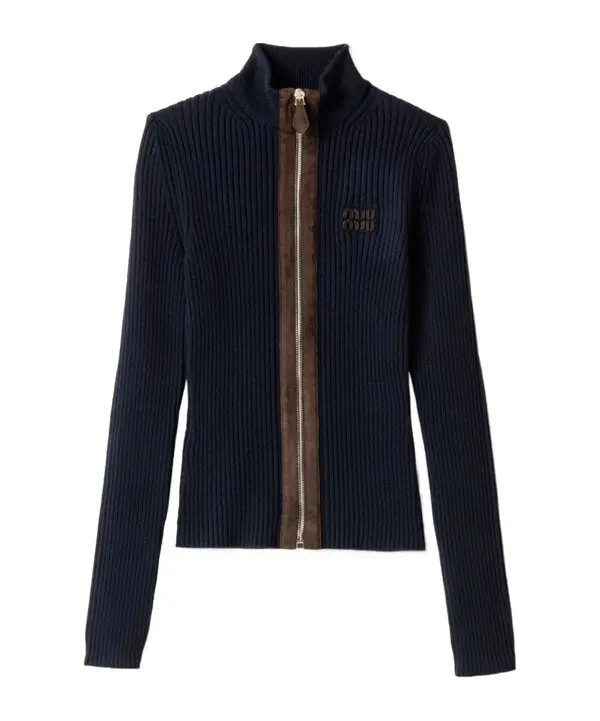 Miu Miu Cashmere And Leather Zipper Cardigan - Blue