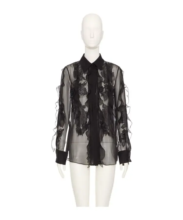Valentino Garavani Floral Embroidered Ruffled-trim Blouse - Black