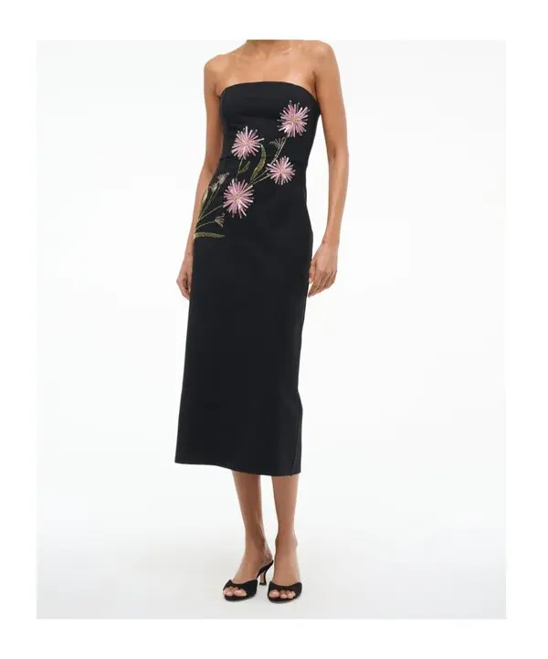 Staud Off-the-shoulder Midi Dress With Hand-beaded Floral Detailing