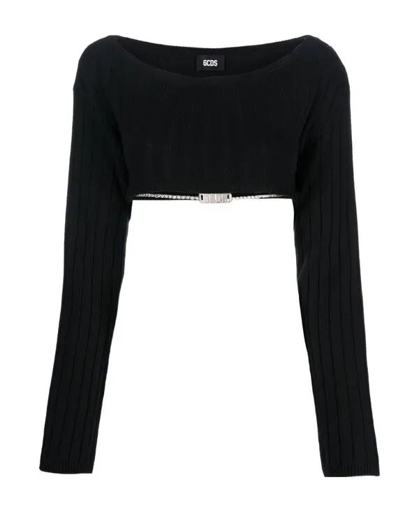 Gcds Boat Neck Cropped Knitted Top With Crystal Gemstone Detail