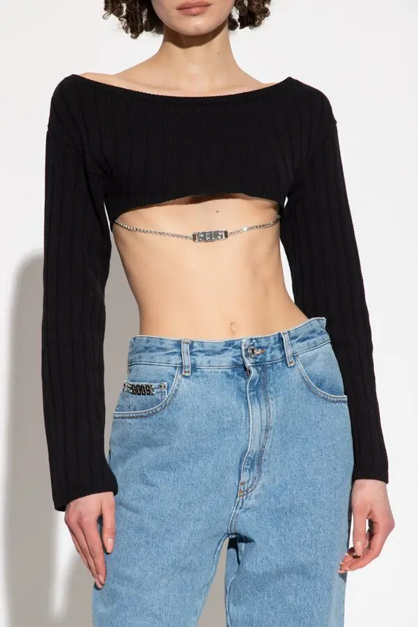 Gcds Boat Neck Cropped Knitted Top With Crystal Gemstone Detail