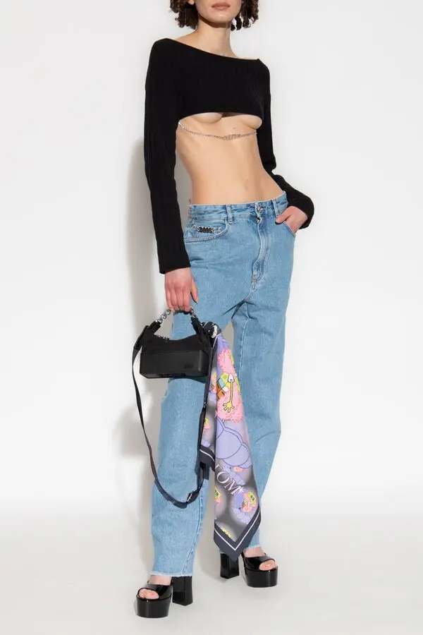 Gcds Boat Neck Cropped Knitted Top With Crystal Gemstone Detail