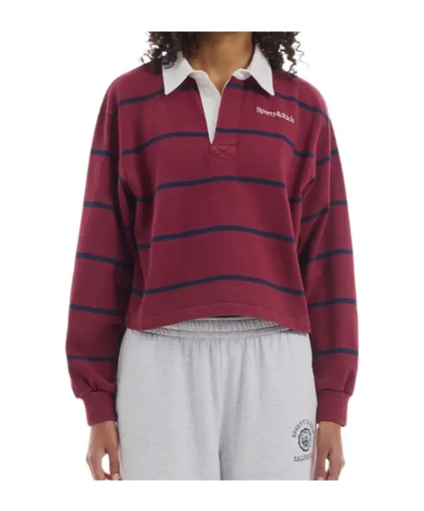 SPORTY  RICH Sporty & Rich Striped Long Sleeve Polo Shirt
