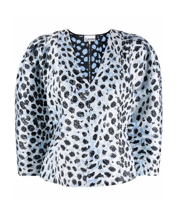 GANNI Crispy Jacquard V-neck Blouse - Egret