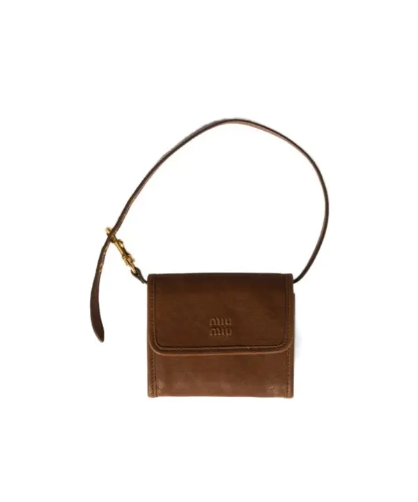 Miu Miu Nappa Leather Wallet With Shoulder Strap - Oak