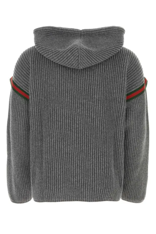 Gucci Web Striped Drawstring Knit Hoodie - Gray