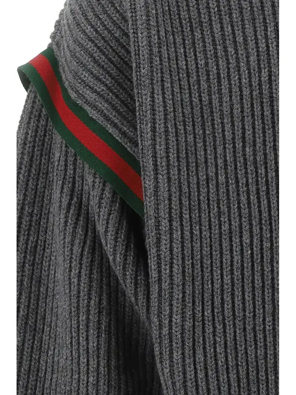 Gucci Web Striped Drawstring Knit Hoodie - Gray