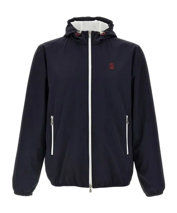 Brunello Cucinelli Logo Embroidered Zip-up Hooded Jacket - Blue