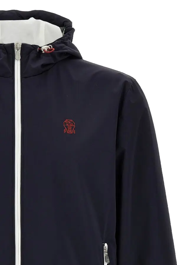 Brunello Cucinelli Logo Embroidered Zip-up Hooded Jacket - Blue