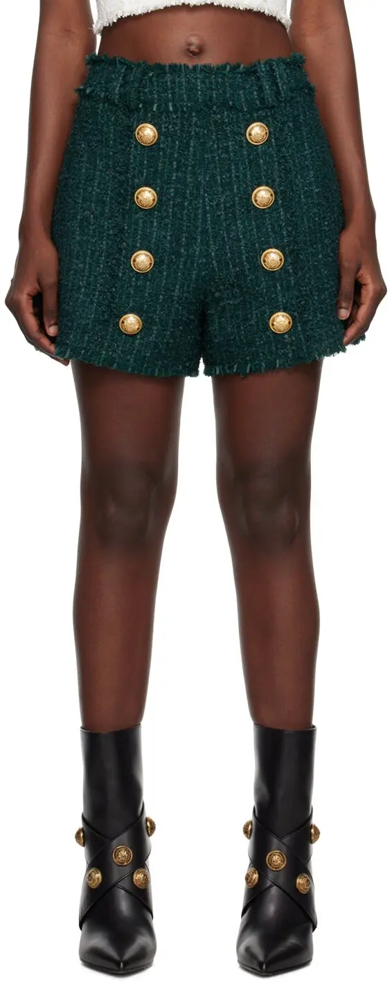 Balmain High-waist Tweed Shorts With Lion Head Buttons - Green