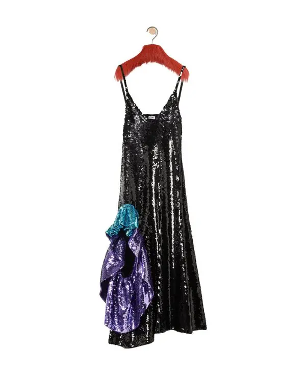Loewe Sequin Ruffle Dress In Wool - Black