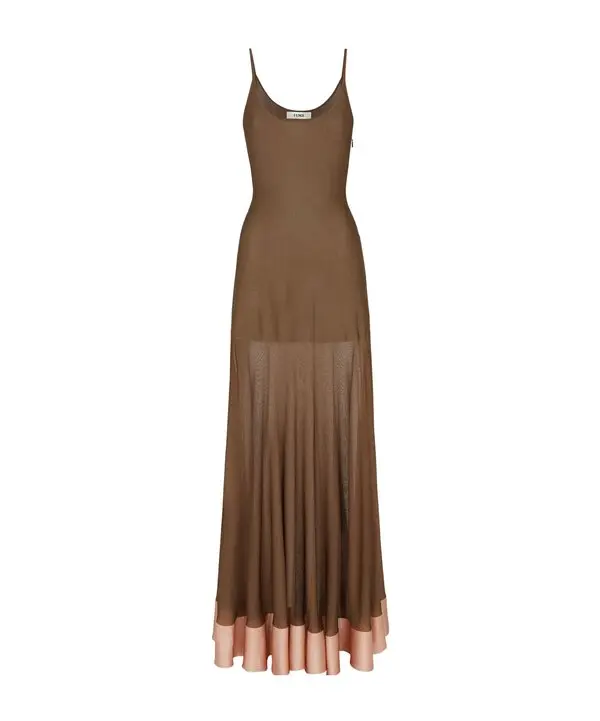 Fendi Sleeveless Maxi Dress With Flared Skirt And Color Block Detail - Brown