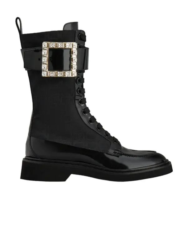 ROGER VIVIER Logo Buckled Leather And Jacquard Boots - Black