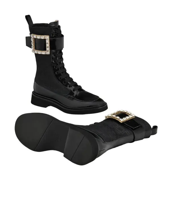 ROGER VIVIER Logo Buckled Leather And Jacquard Boots