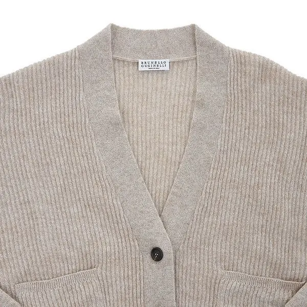 Brunello Cucinelli Long Sleeve V-neck Ribbed Knit Cardigan - Beige