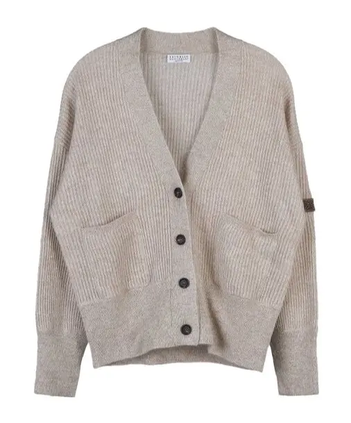 Brunello Cucinelli Long Sleeve V-neck Ribbed Knit Cardigan - Beige