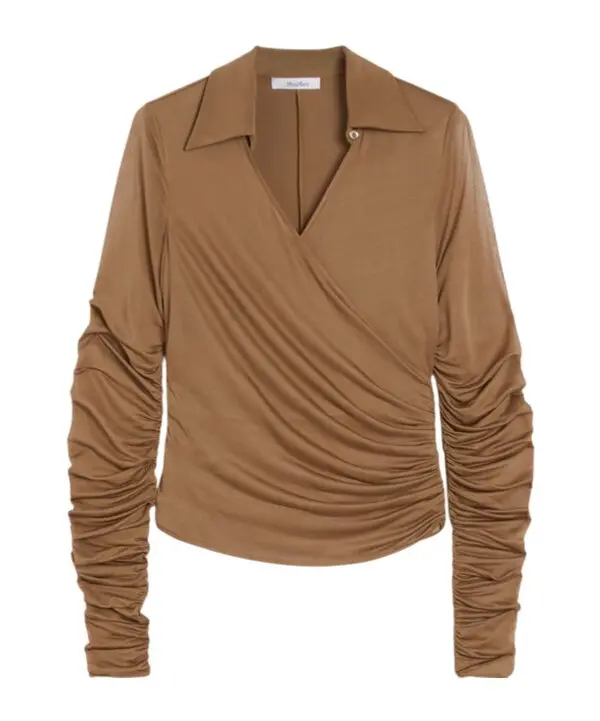 Max Mara Aiello Knitted Blouse With V-neck And Sheer Sleeves - Hazelnut Brown